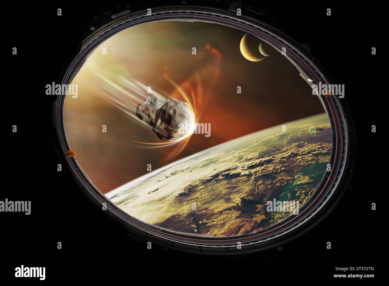 Planet Earth and big asteroid in spaceship porthole in outer space ...