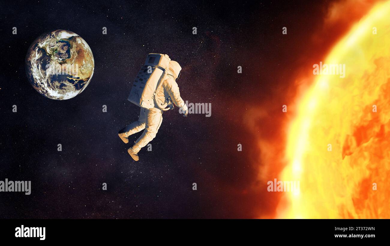 Cosmonaut floating in outer space next to the Sun and Earth planet. Elements of this image ...