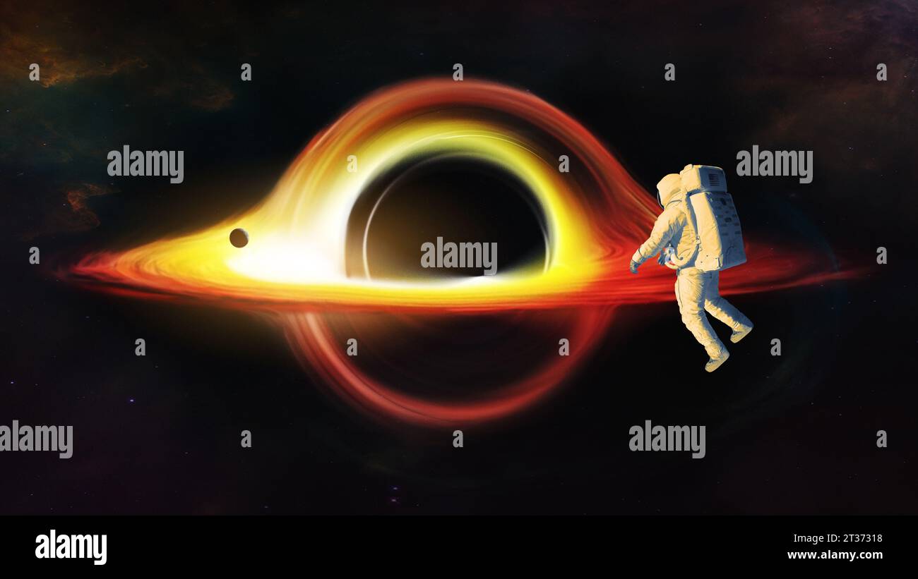 Astronaut looks at black hole and event horizon. Elements of this image ...