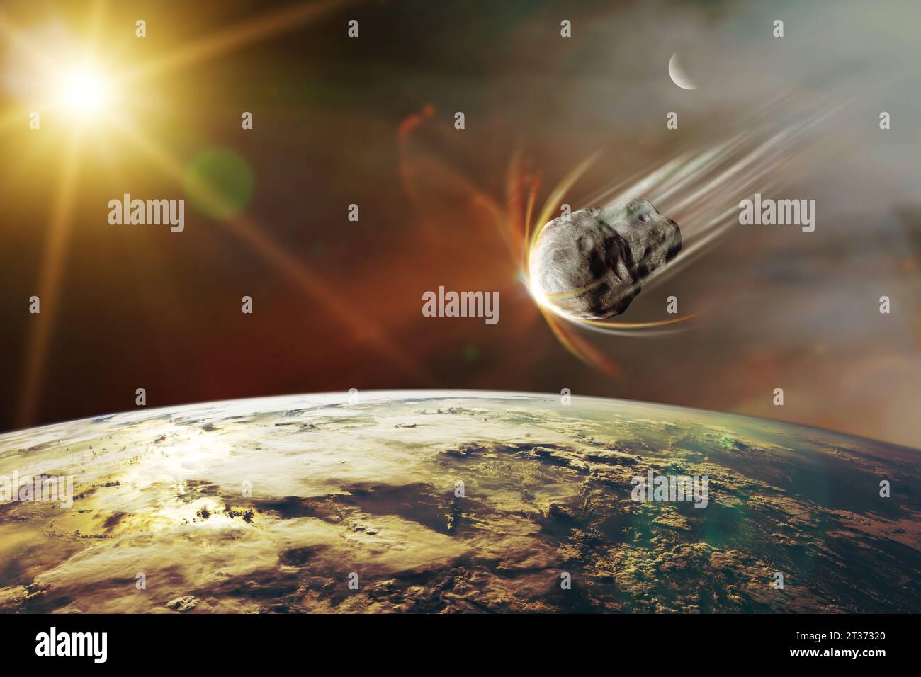 Planet Earth and big asteroid in outer space. Meteorite in outer space ...