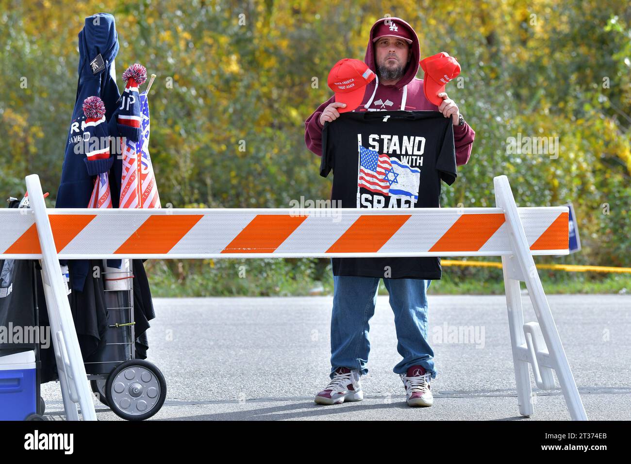 Derry, USA. 23rd Oct, 2023. A vendor displays his merchandise outside a ...