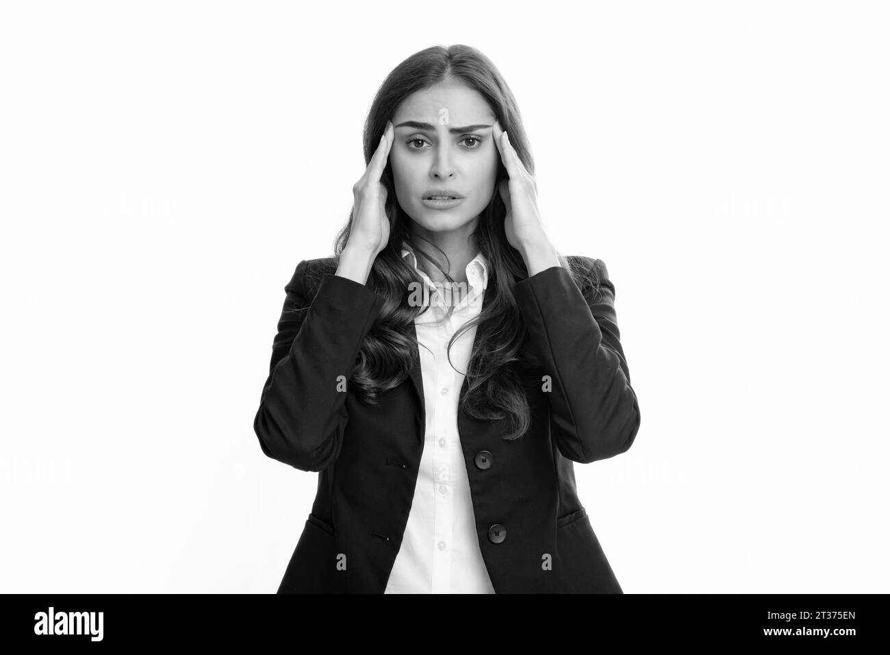 Portrait of young woman feeling stress or strain headache. Exhausted ...