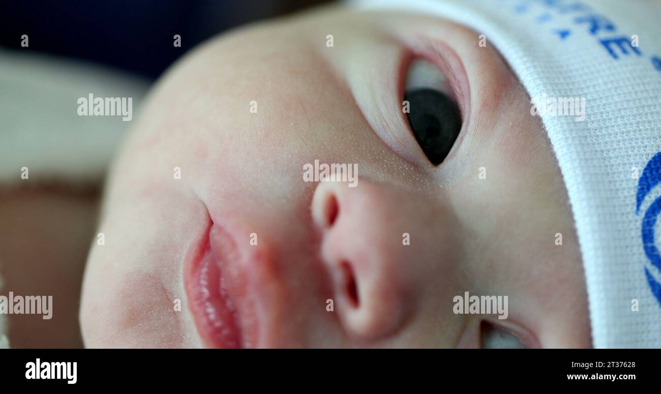 Newborn baby face close-up details of eyes nose and mouth in first ...