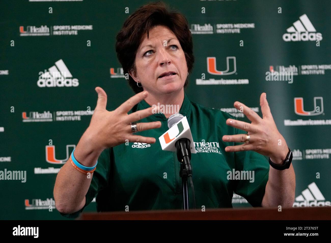 Miami head coach Katie Meier speaks during a media day news conference ...