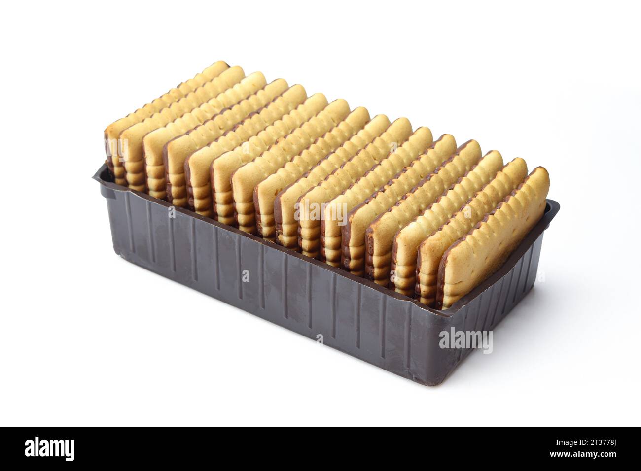 Stack of chocolate dipped wafer biscuits in plastic isolated on white ...