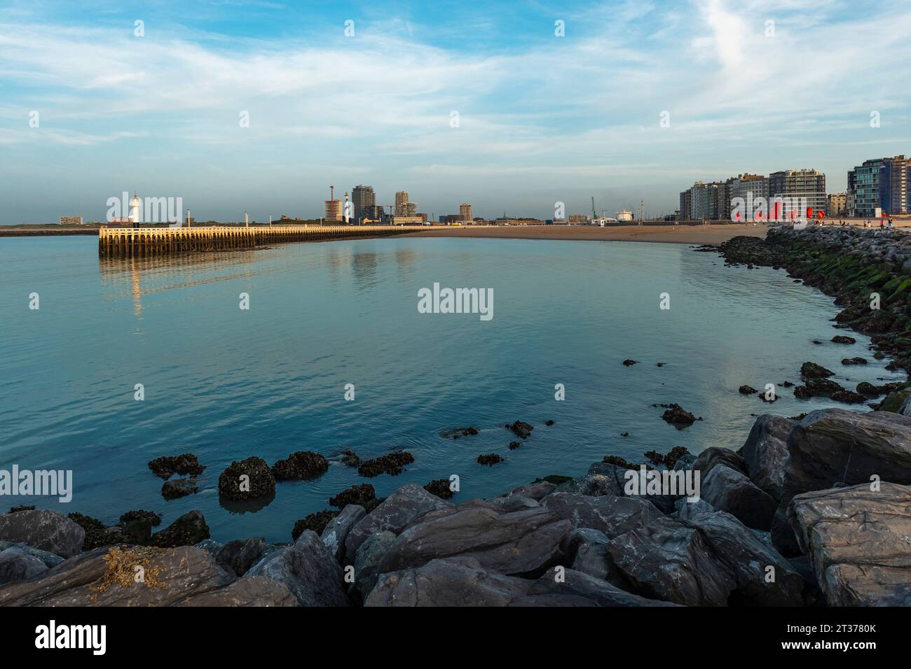 Cityscape of Oostende (Ostend) with pier and modern apartment buildings ...