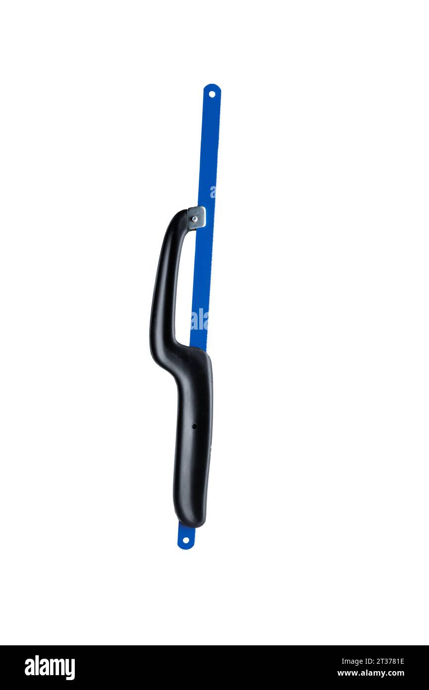 Blue hacksaw for metal. Close-up. Isolated on white background Stock ...