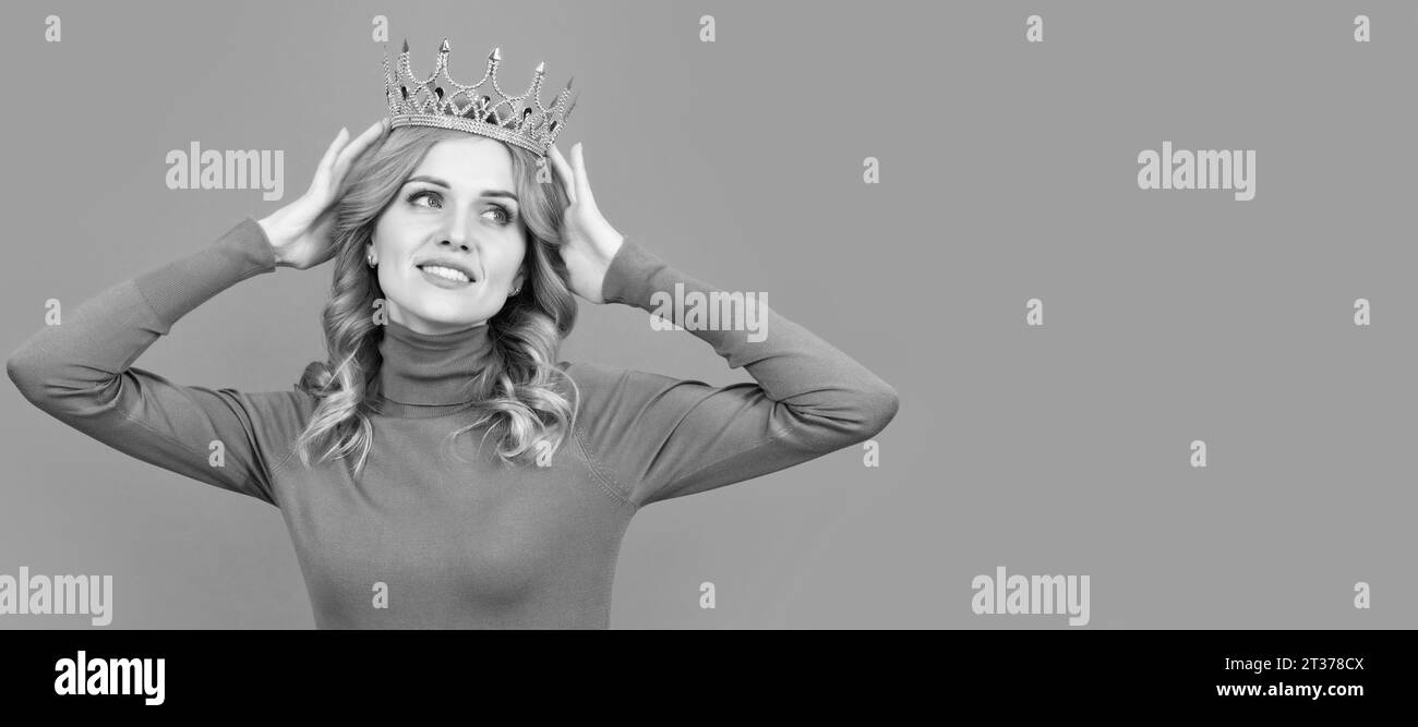 Princess woman with crown. pretty blonde woman with curly hair wear ...