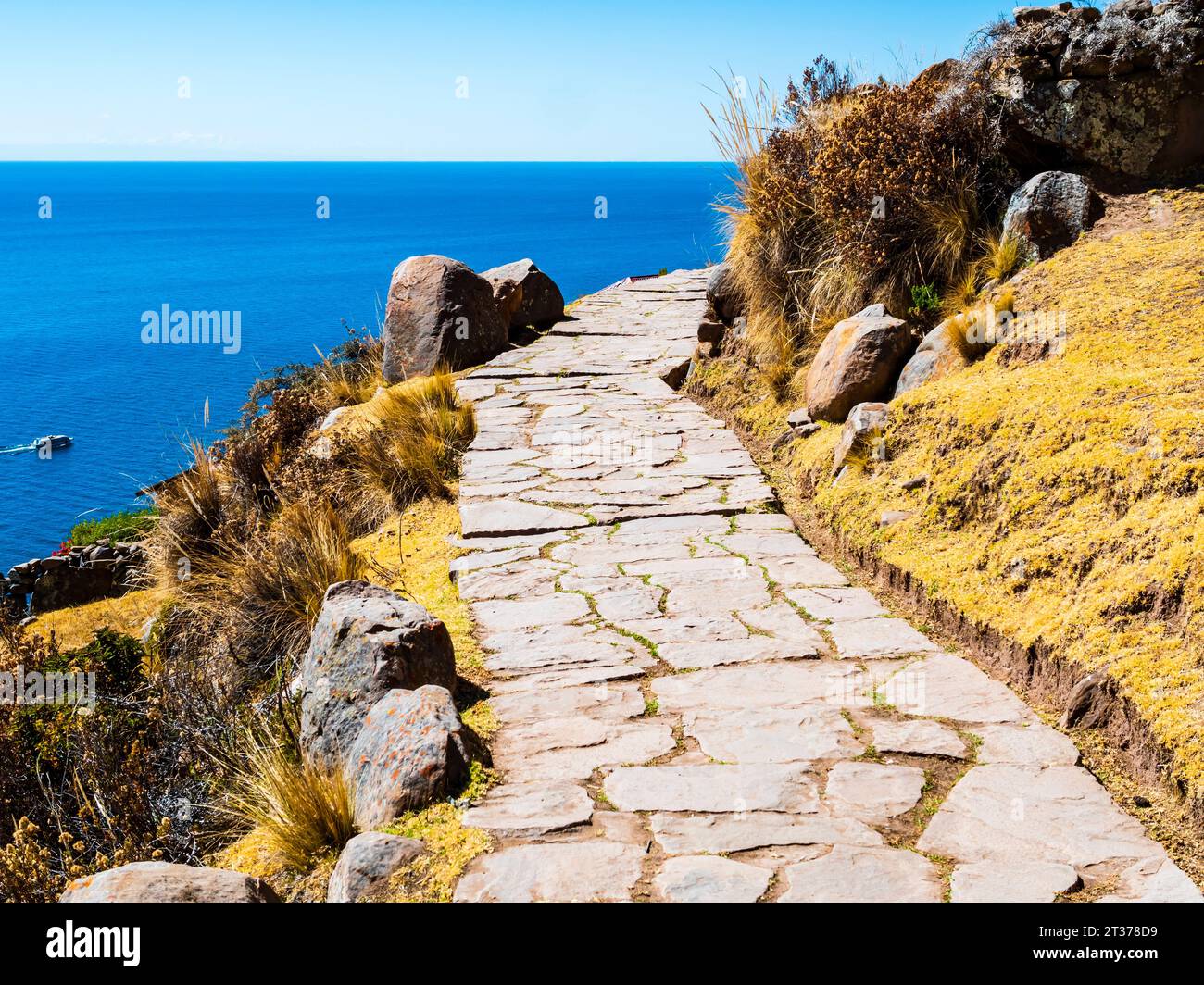 Impressive stone path on island Taquile, Lake Titicaca, Puno region ...