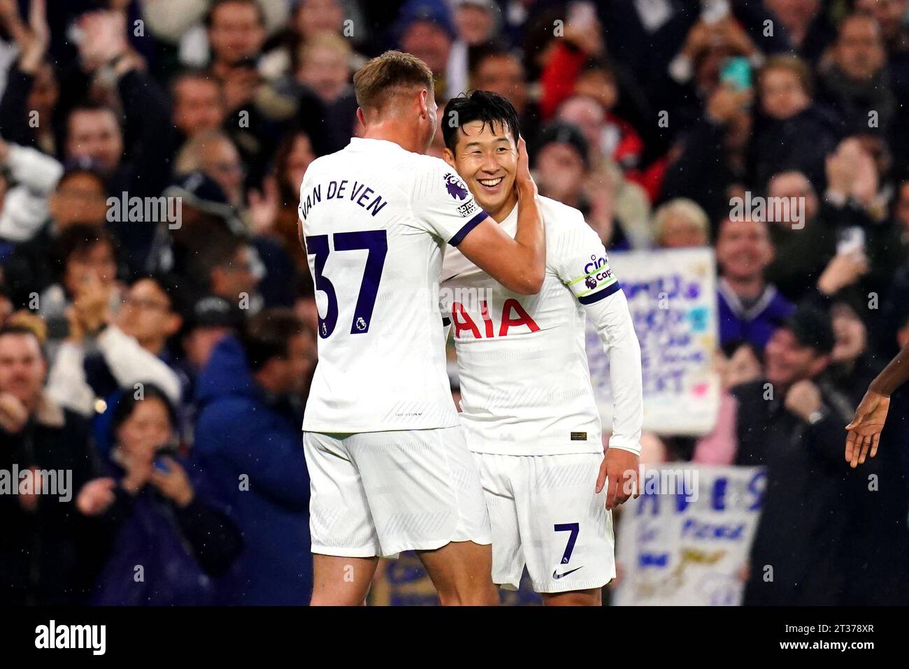 Tottenham Hotspur's Son Heung-Min (right) celebrates scoring their side ...
