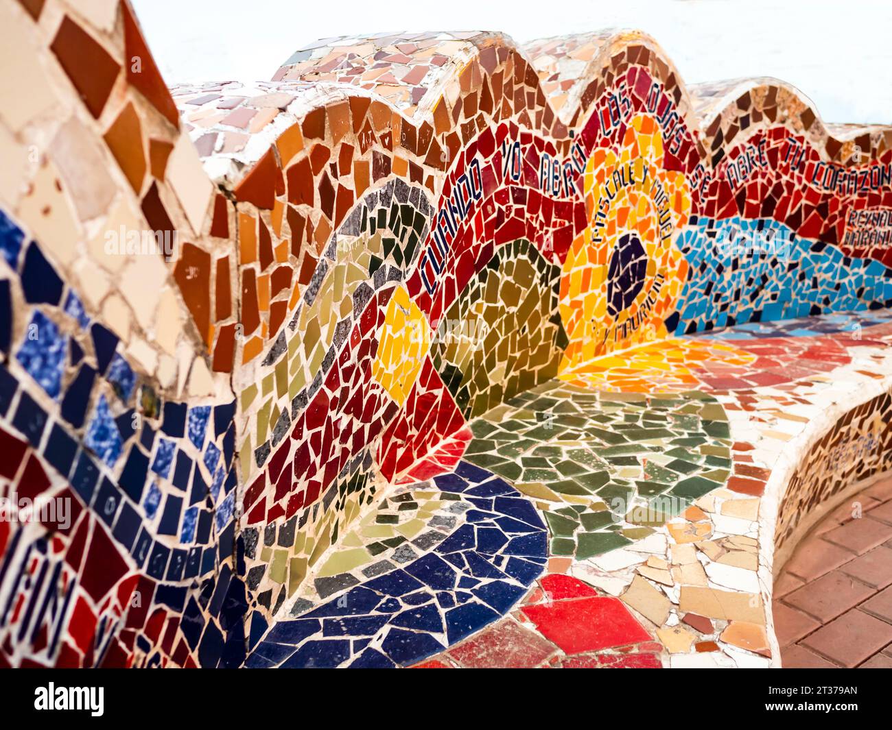 Detail of the colorful benches and mosaic walls in Parque del Amor ...