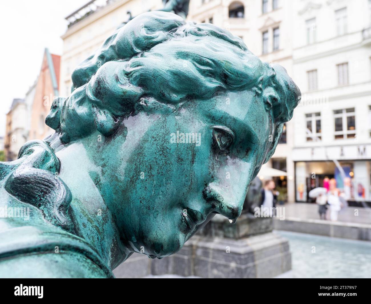 Raindrops on the nose of a fountain figure, detail of the Donnerbrunnen ...