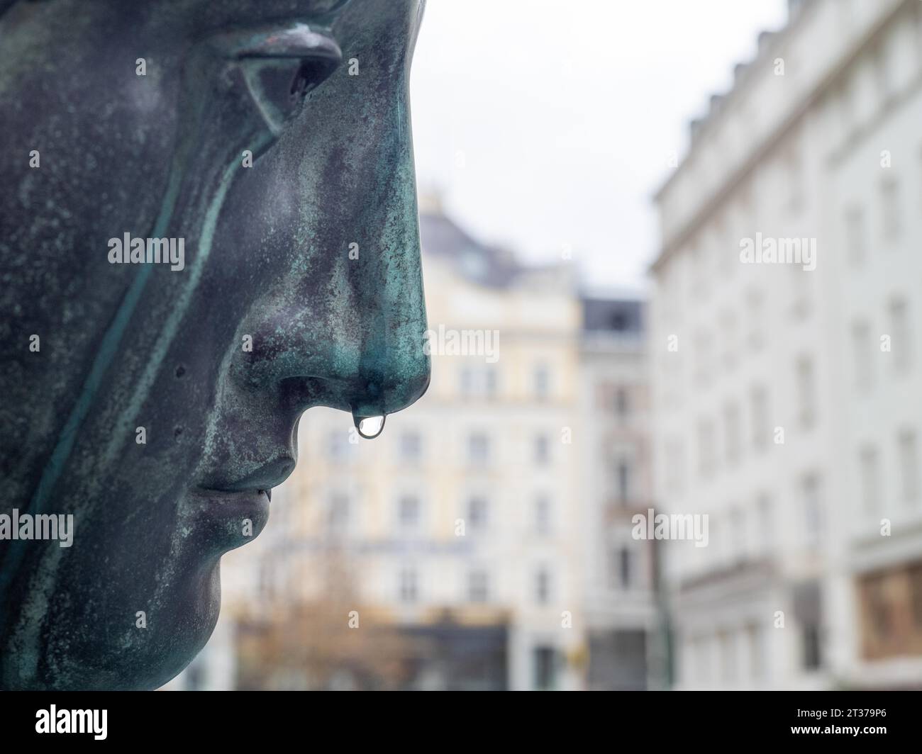 Raindrops on the nose of a fountain figure, detail of the Donnerbrunnen ...