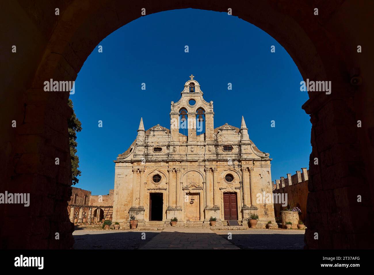 Gate passage, tunnel vault, church, facade, bell tower, Arkadi ...