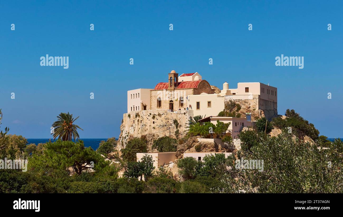 Church, red roof, sea, blue sky, palm tree, blue sky, Chrissoskalitissa ...