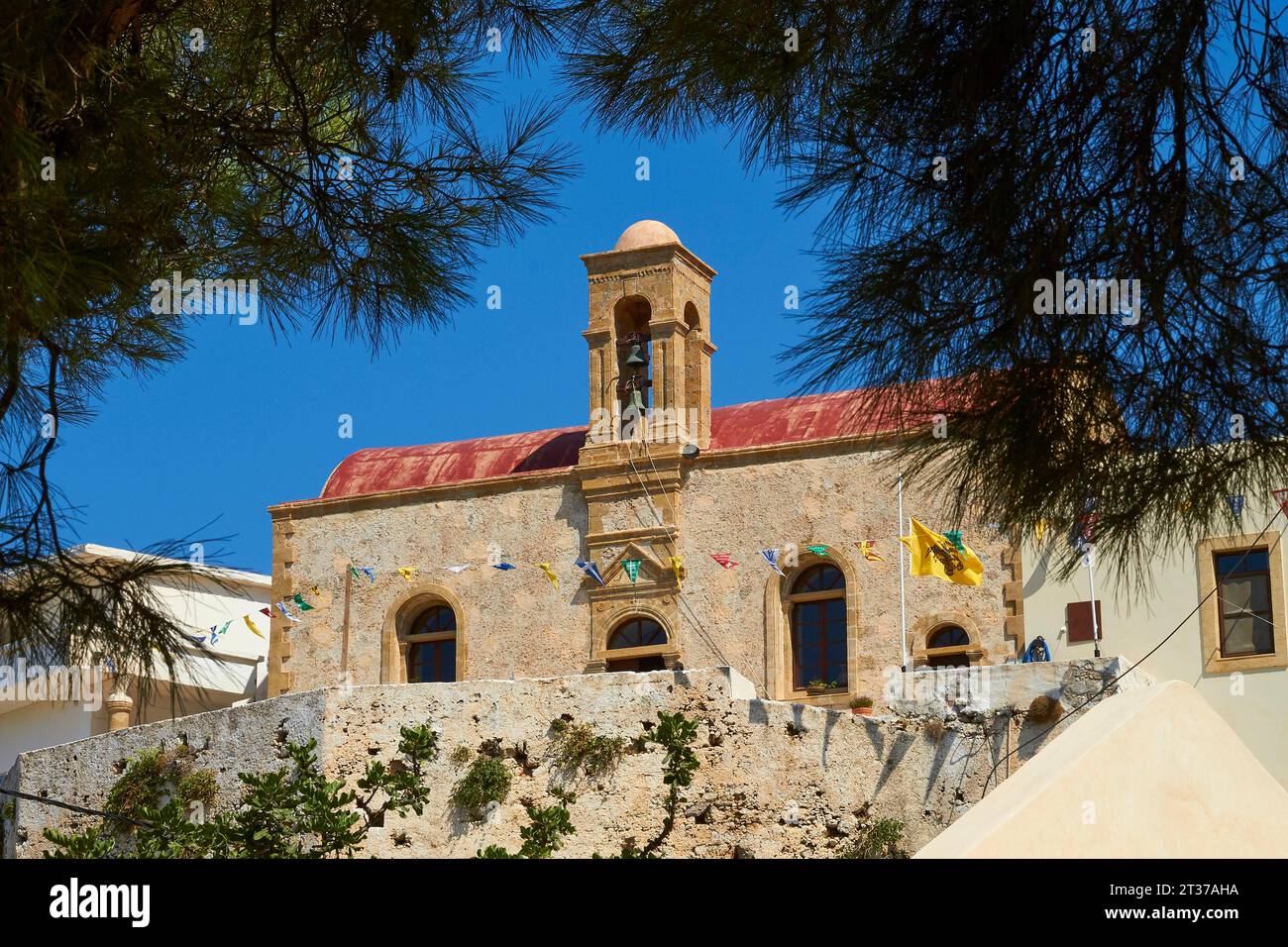 Church, bell tower, red roof, branches, Chrissoskalitissa, rock ...