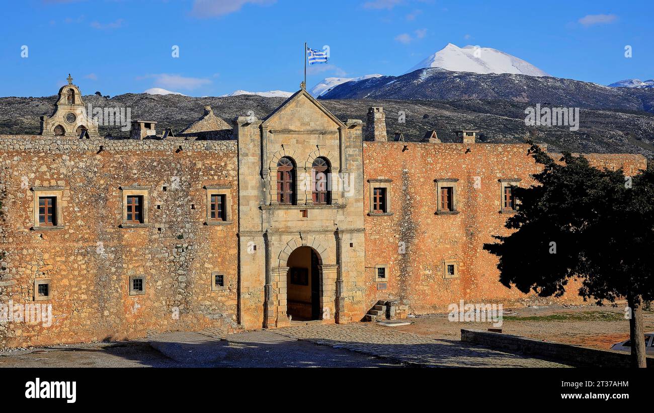 Main entrance, national flag, forecourt, tree, Ida massif, Psiloritis ...