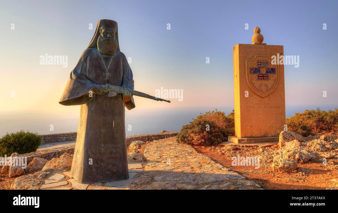 Memorial, bronze statue, priest with rifle, Preveli, Orthodox Monastery ...