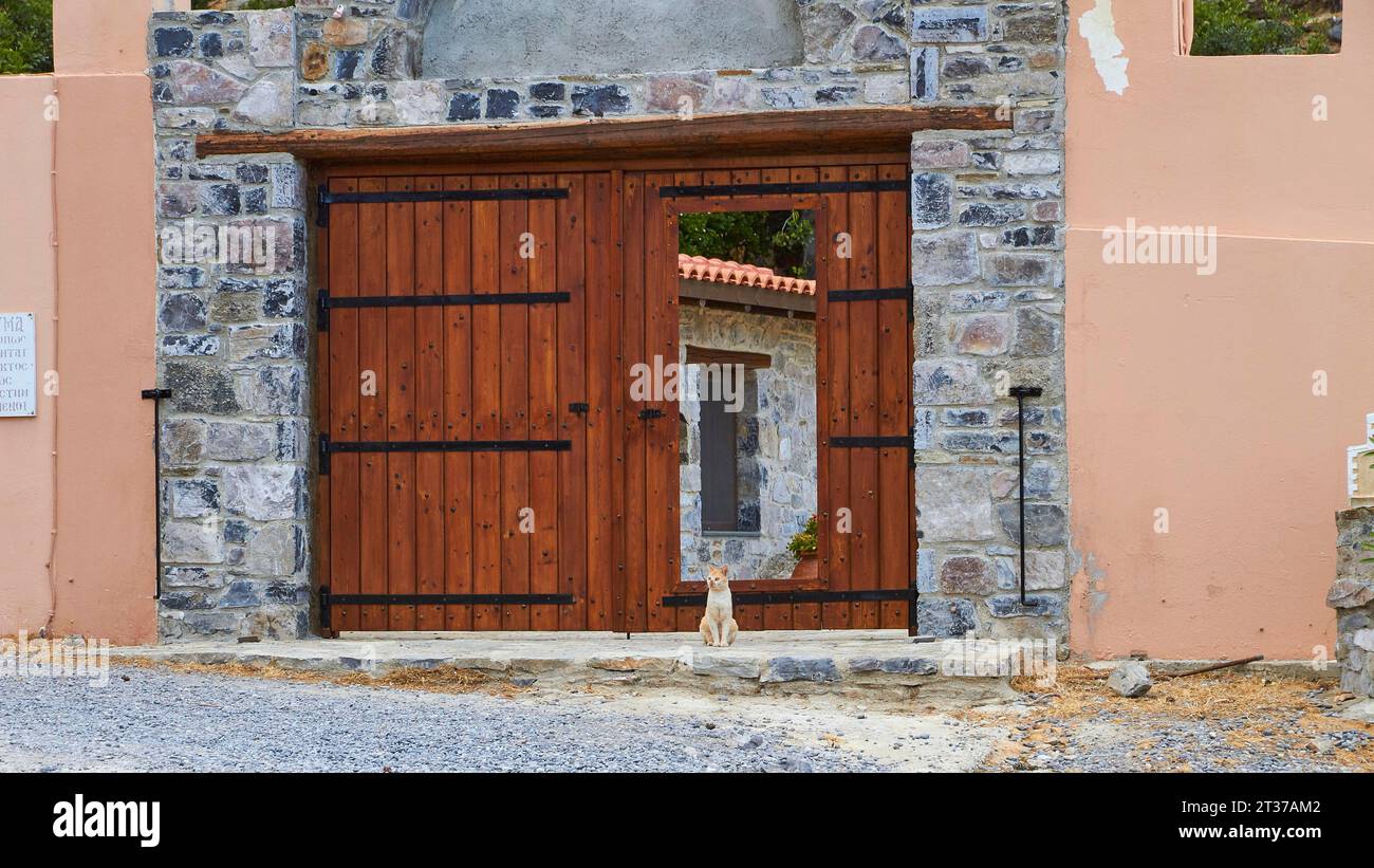 Large solid wooden gate, cat, detail, Koudouma, Orthodox Monastery ...