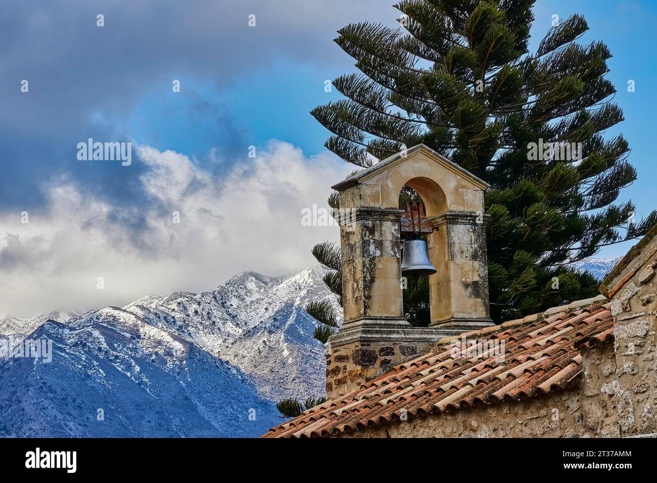 Bell tower, church, snow-capped mountains, tall tree, cloudy sky ...