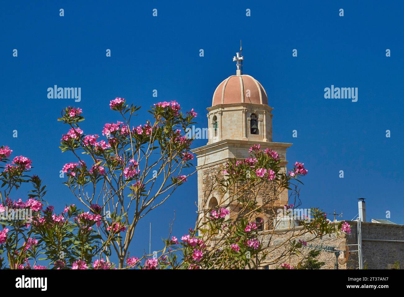 Church tower, red dome, oleander bush, blue cloudless sky, Toplou ...