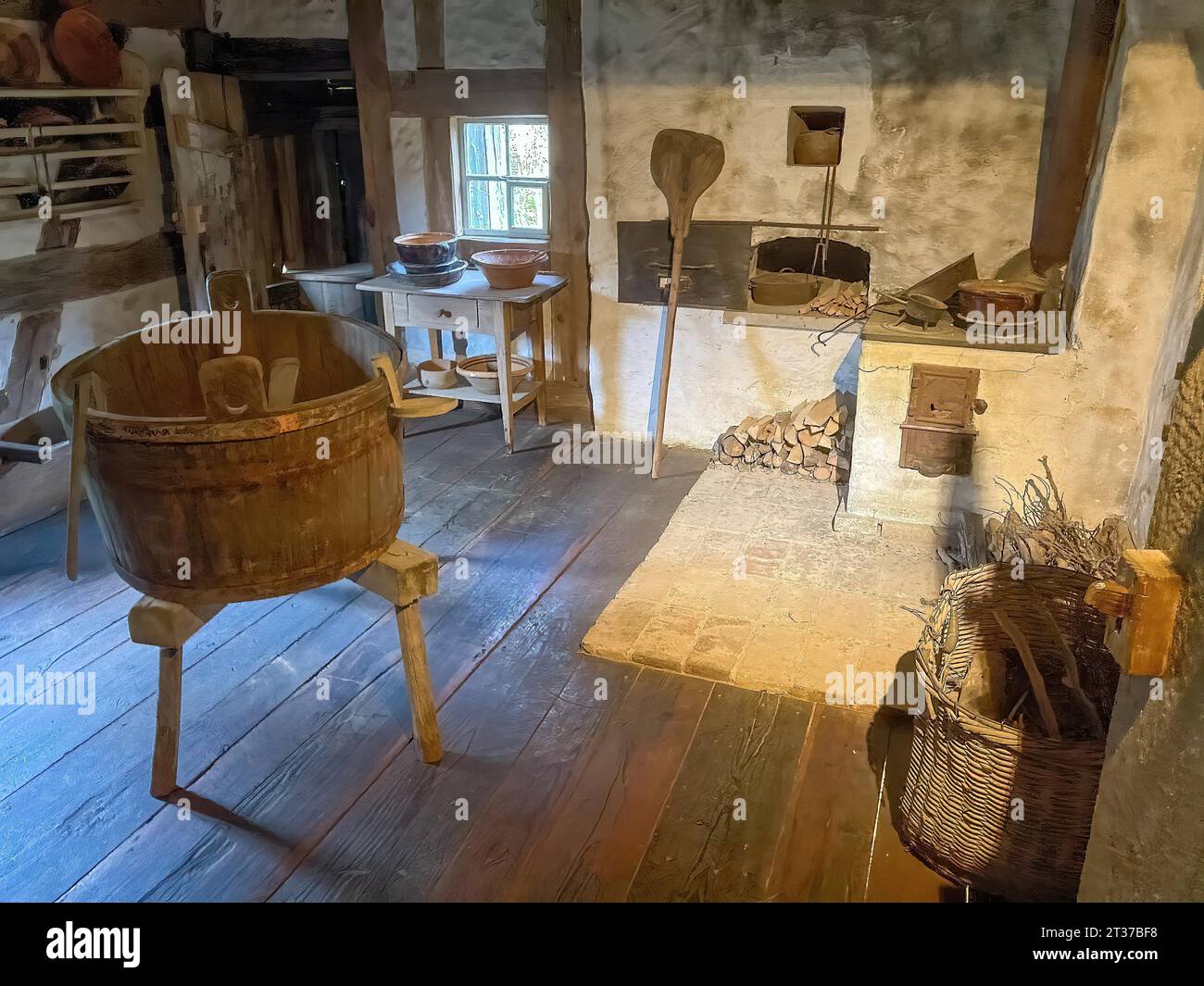 View into historical kitchen left old washing tub wooden tub back ...