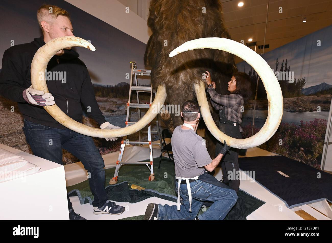 New York, USA. 23rd Oct, 2023. Exhibition preparatory team members Jake ...