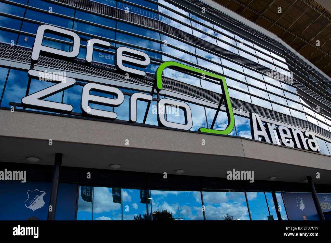 Glass front of the main stand, logo, lettering, PreZero Arena, Sinsheim ...
