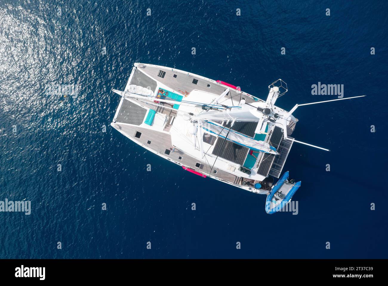Aerial view, diving ship, catamaran Aquatiki III from above, Fakarava ...