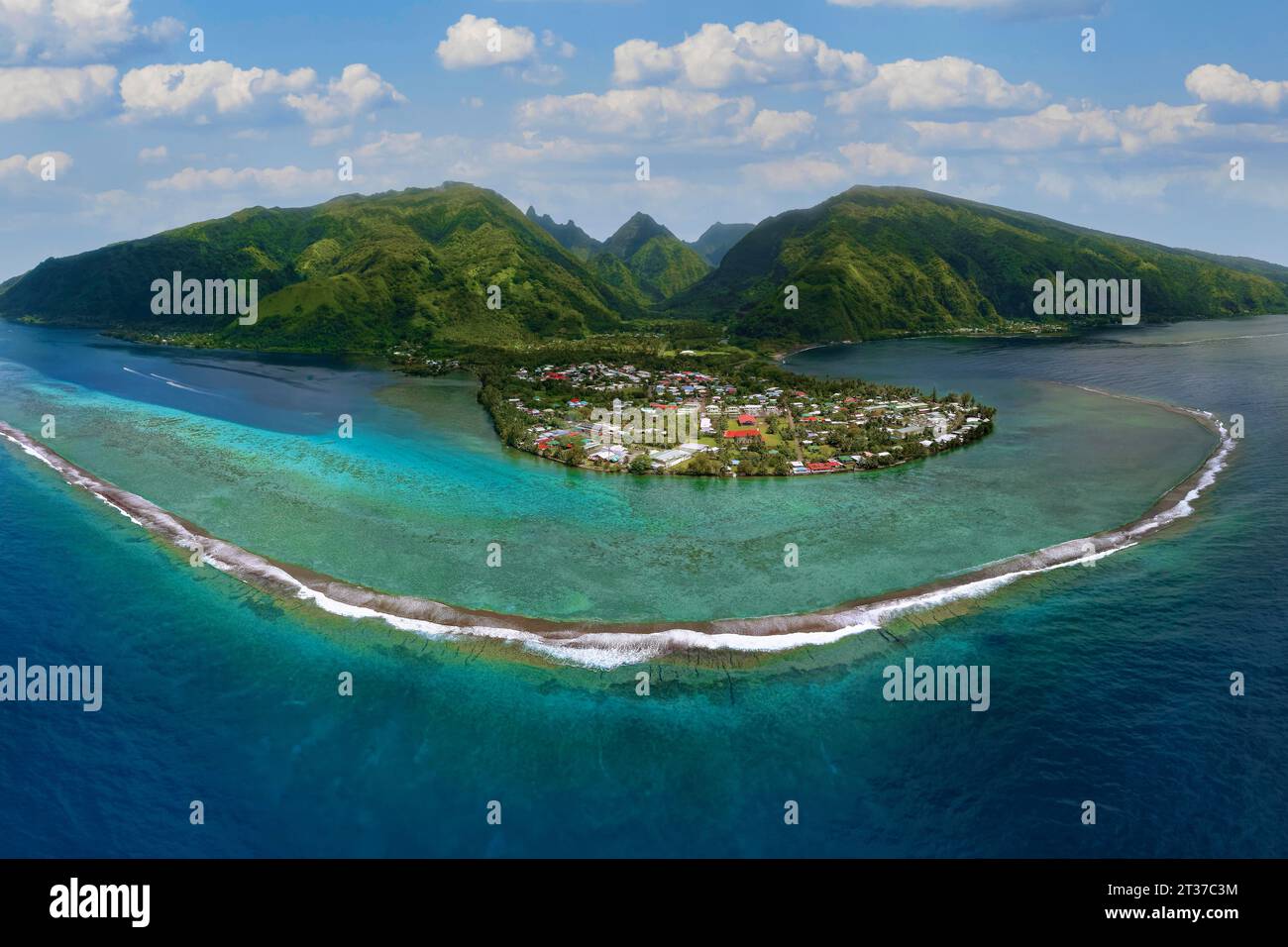 Aerial view, panorama, fringing reef in front, beach village Taurita ...