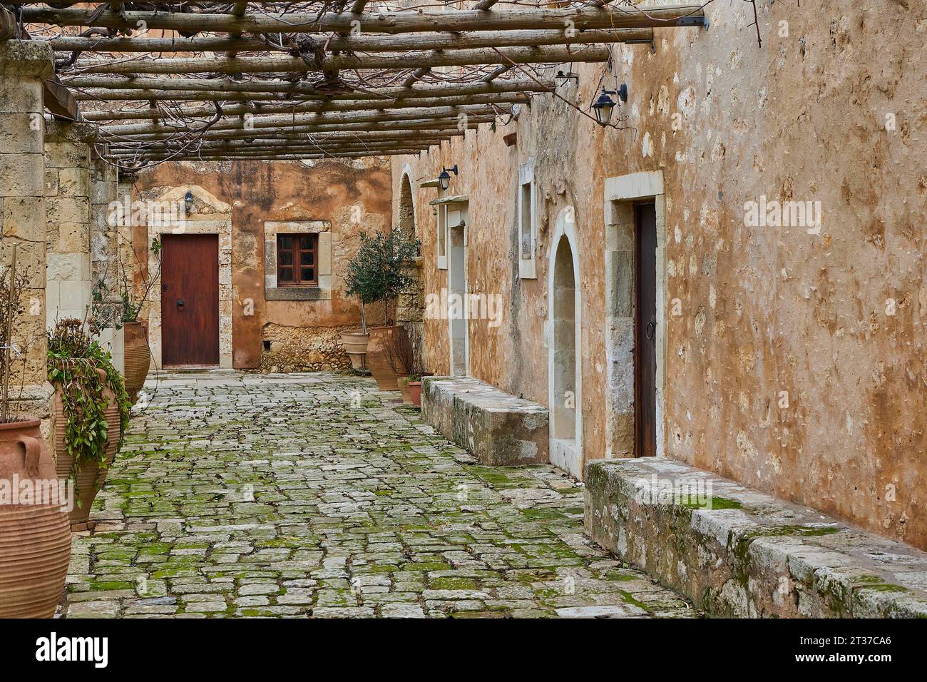 Wine arbour, stone floor, moss, building, Arkadi, Orthodox Monastery ...