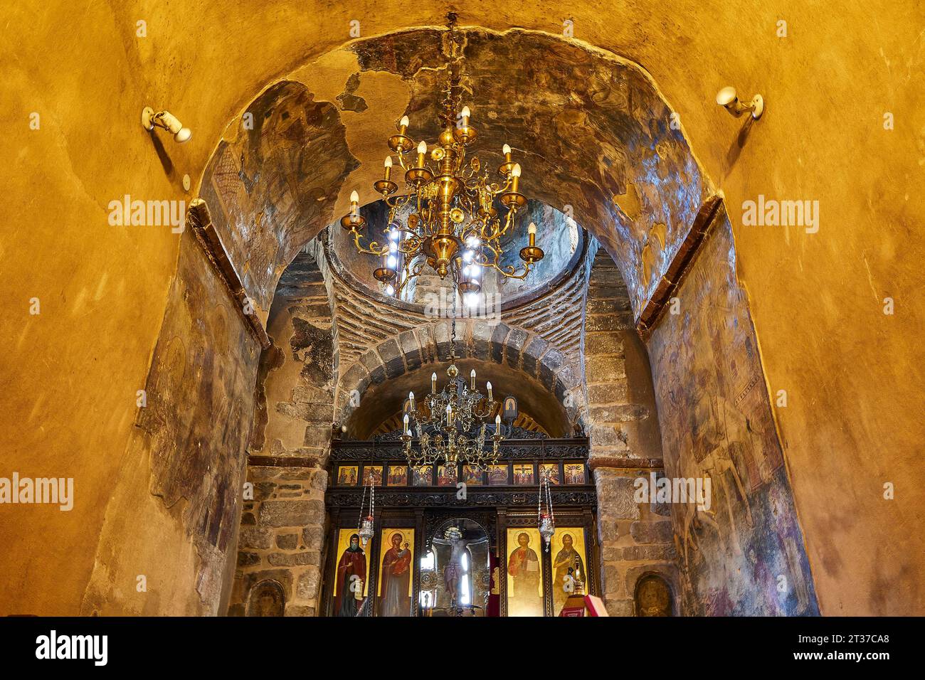 Super wide angle, interior church, icons, tunnel vault, ochre walls ...