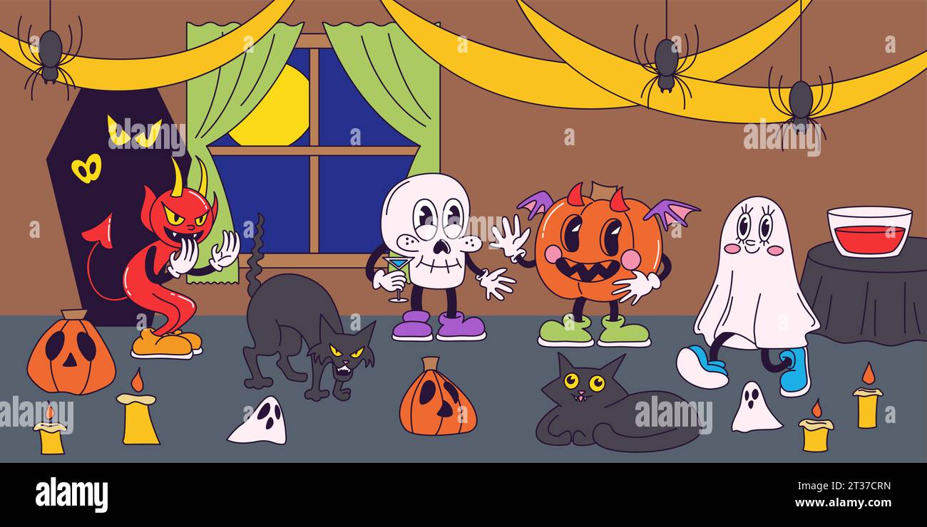 Retro Halloween party, trendy 70s retro style. Pumpkin, ghost, skull ...