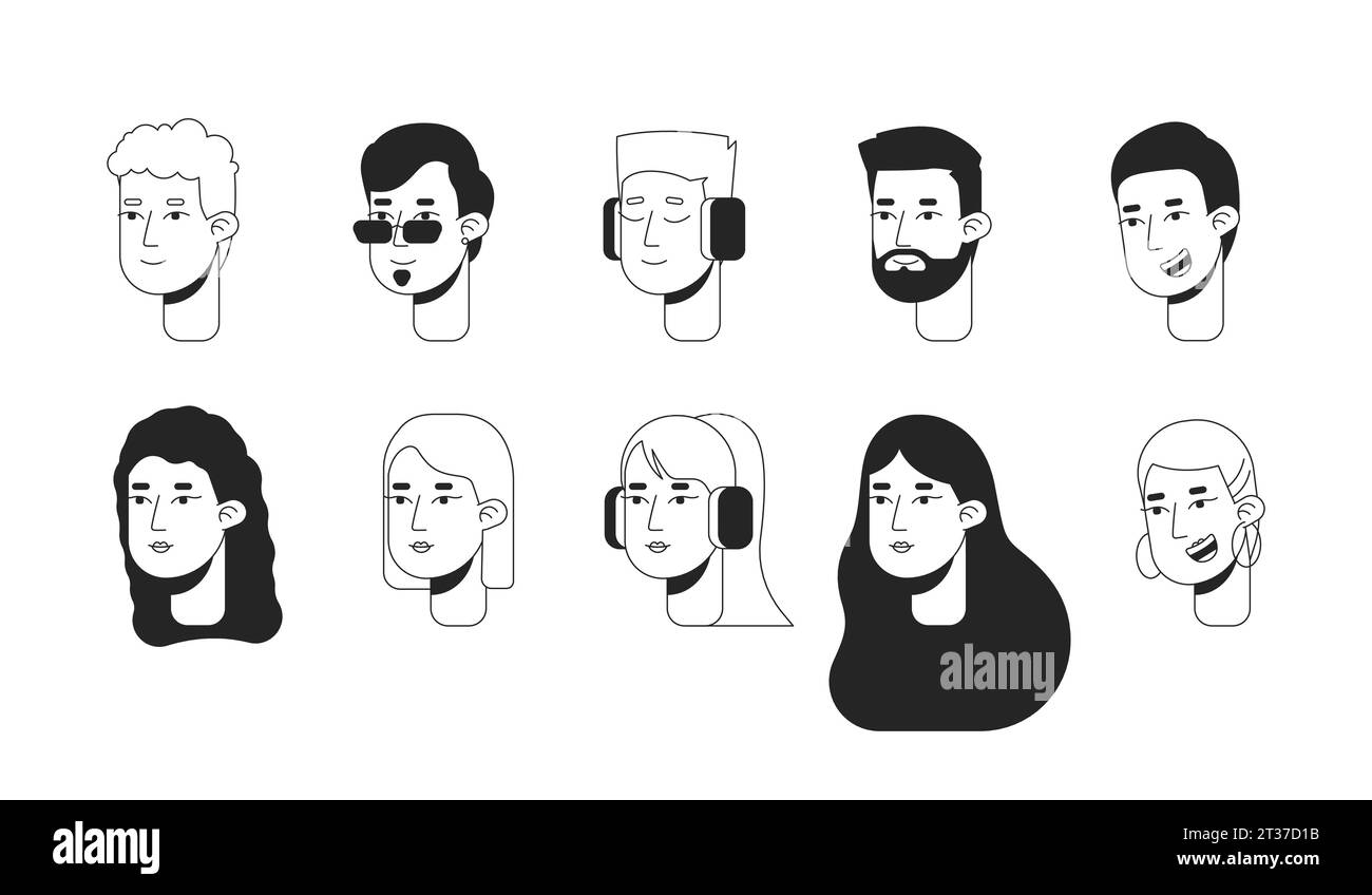 Caucasian millennial black and white 2D line cartoon character faces set Stock Vector Image ...