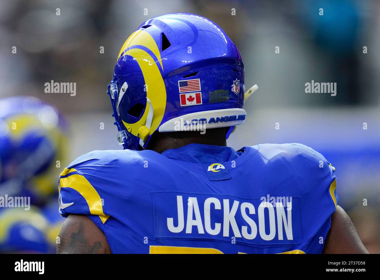 Los Angeles Rams offensive tackle Alaric Jackson wears a flag decal for ...
