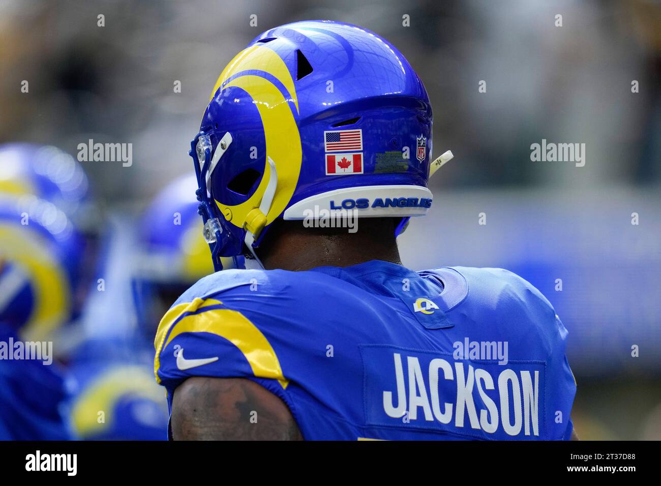 Los Angeles Rams offensive tackle Alaric Jackson wears a flag decal for ...