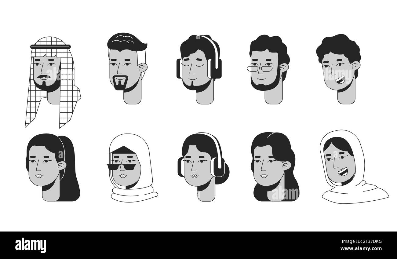 Arab middle eastern black and white 2D line cartoon character faces set ...