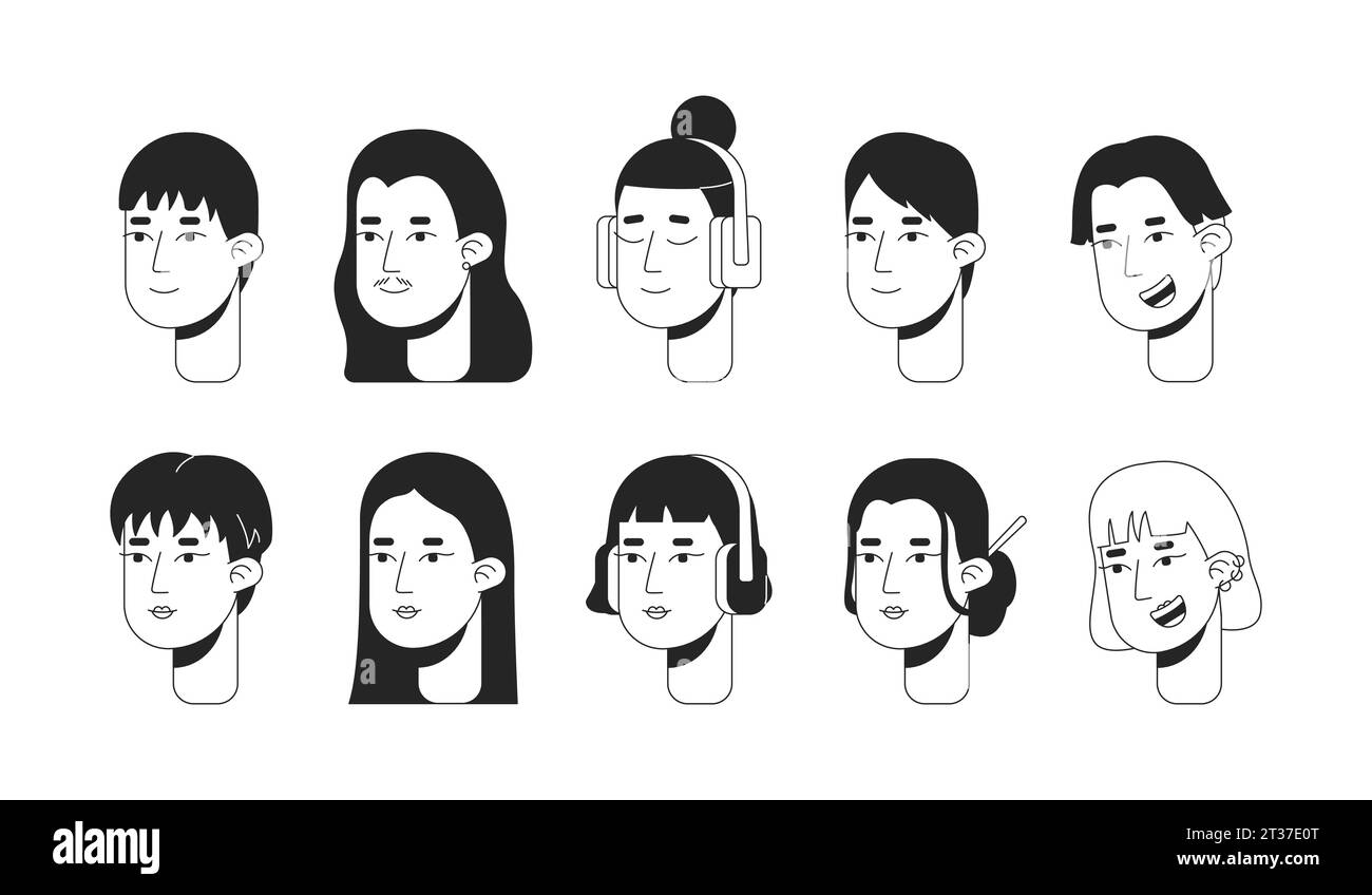 Asian ethnic young adult black and white 2D line cartoon character faces set Stock Vector Image ...