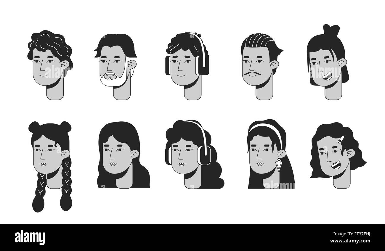 Generations Hispanic Black And White 2d Line Cartoon Character Faces Set Stock Vector Image