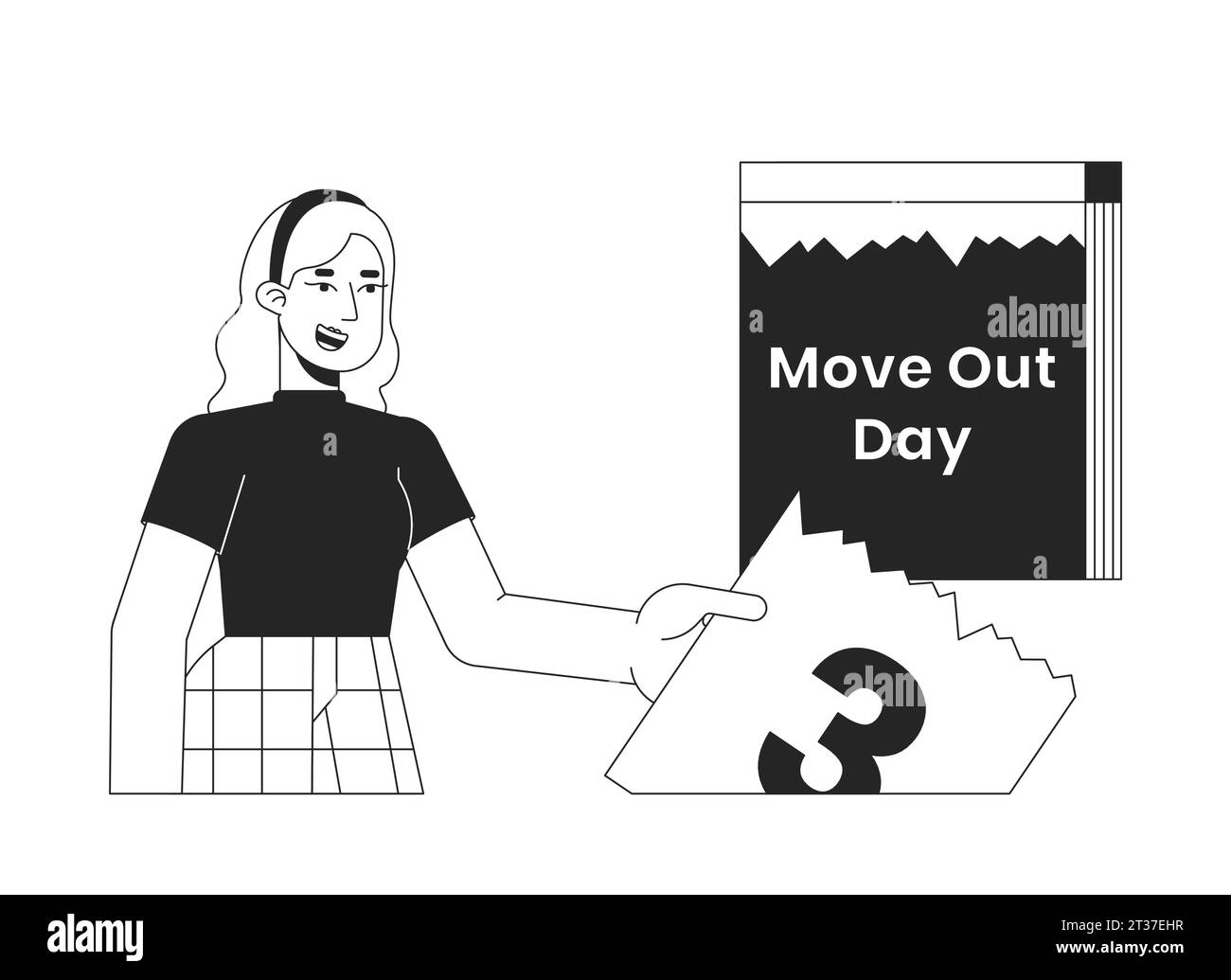 Calendar woman on moving out day black and white 2D line cartoon ...