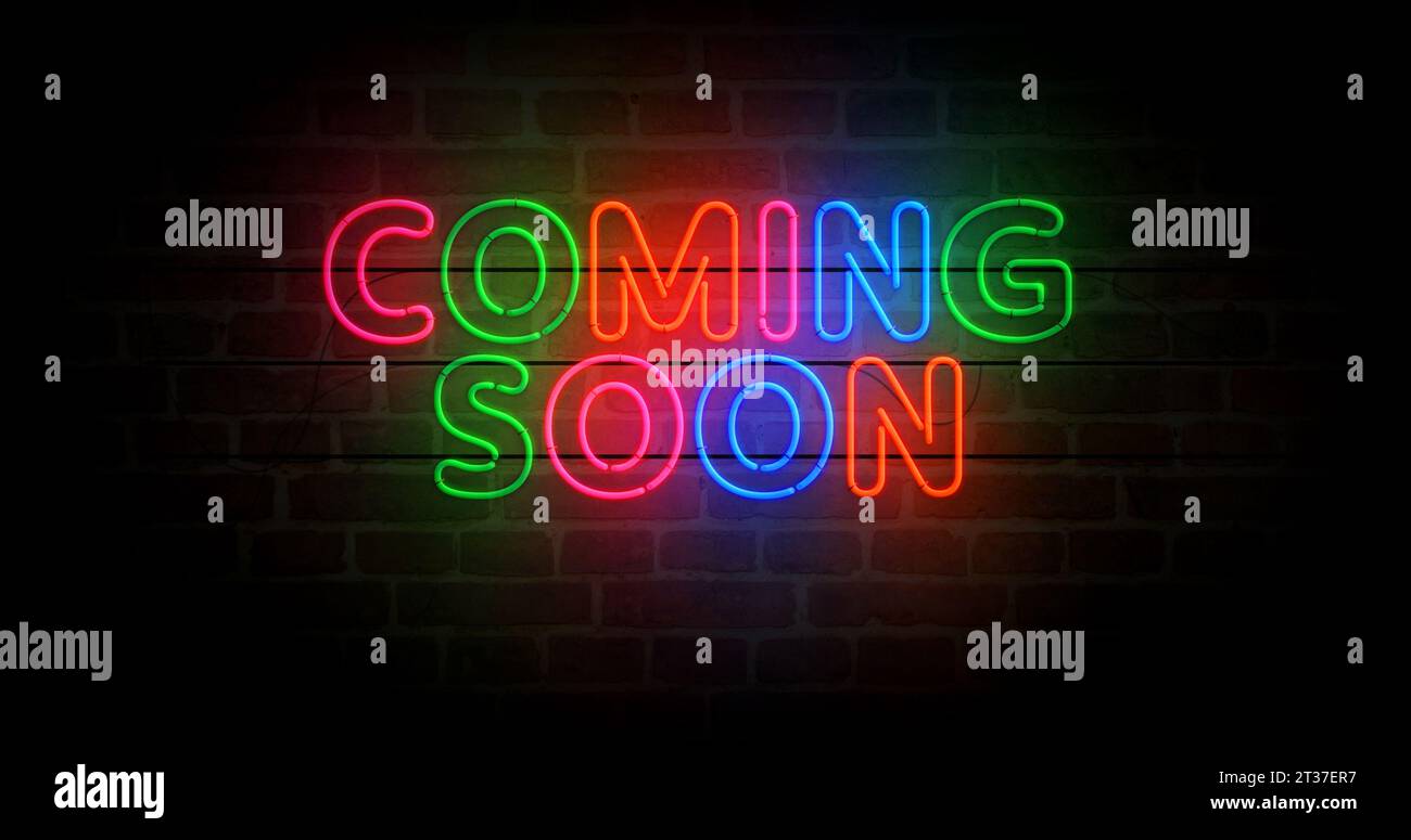 Coming soon neon symbol. Commerce sale promotion light color bulbs ...