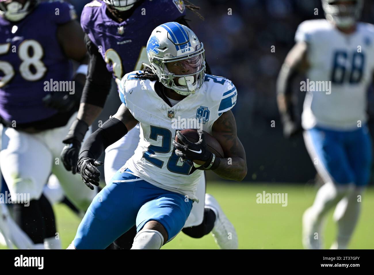 Detroit Lions running back Jahmyr Gibbs (26) runs with the ball after ...