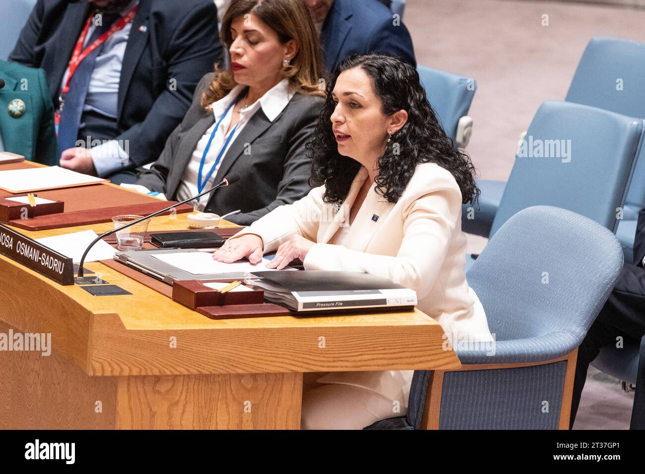 President of Kosovo Vjosa Osmani-Sadriu speaks during Security Council ...