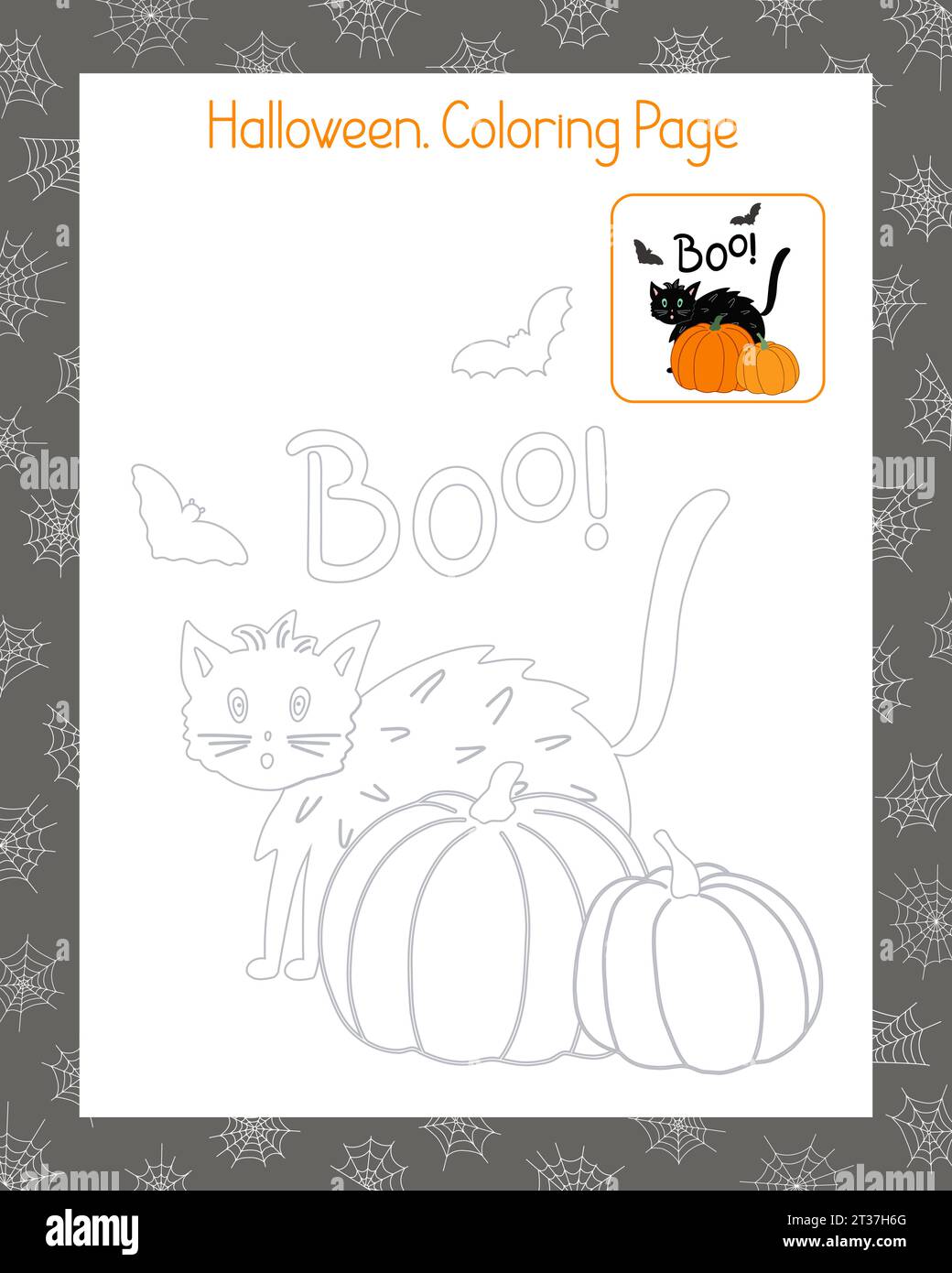 Halloween holiday scene of cute cat, bat, pumpkins, boo traditional ...