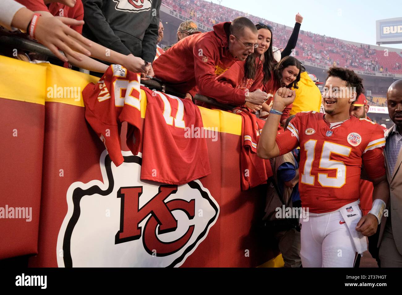 Kansas City Chiefs quarterback Patrick Mahomes greets fans after an NFL ...