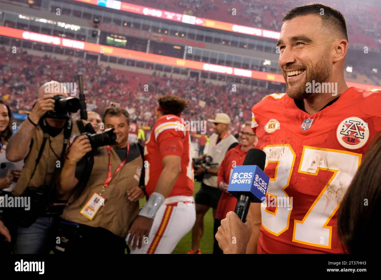 Kansas City Chiefs tight end Travis Kelce does an interview after an ...