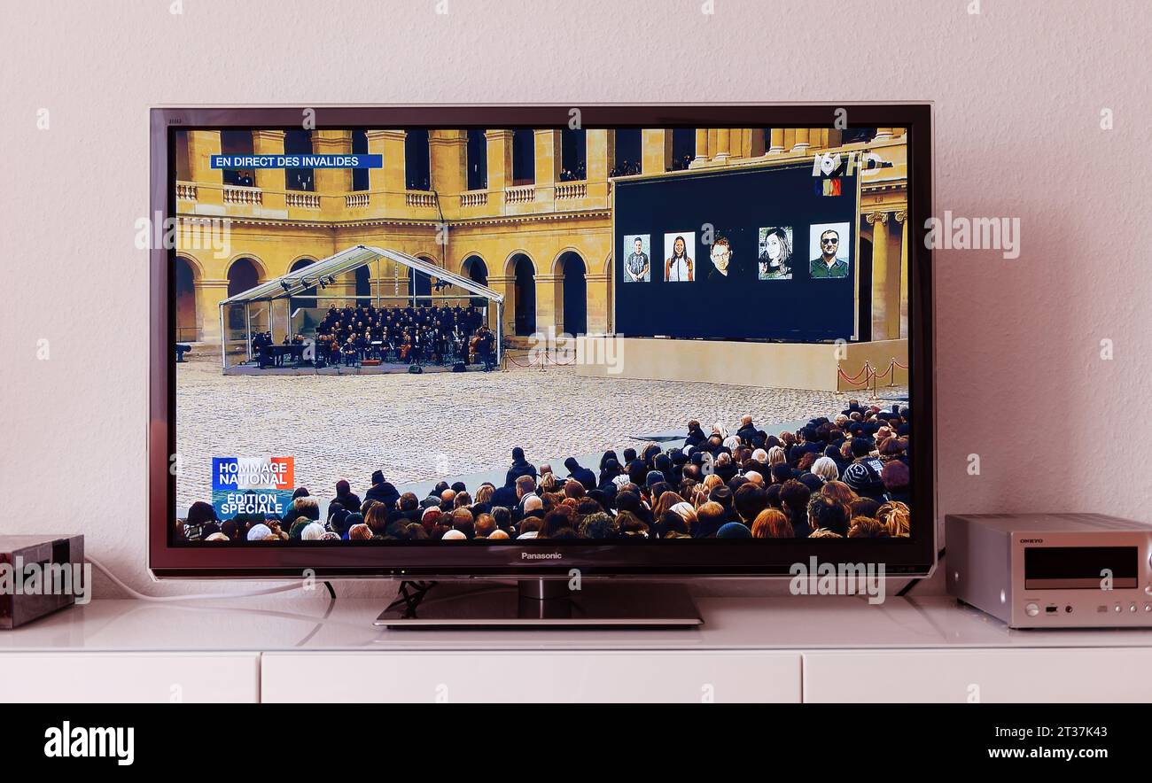 Paris, France - Nov 25, 2015: In a living room, a plasma television set ...