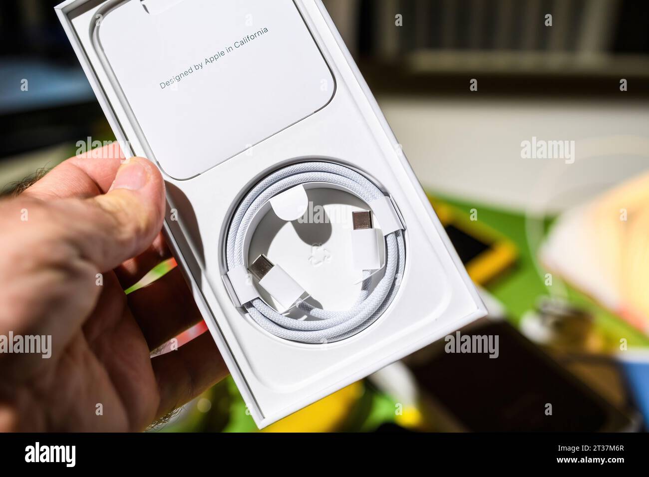 London, UK - Sep 28, 2023: Inside the cardboard box of the new iPhone ...