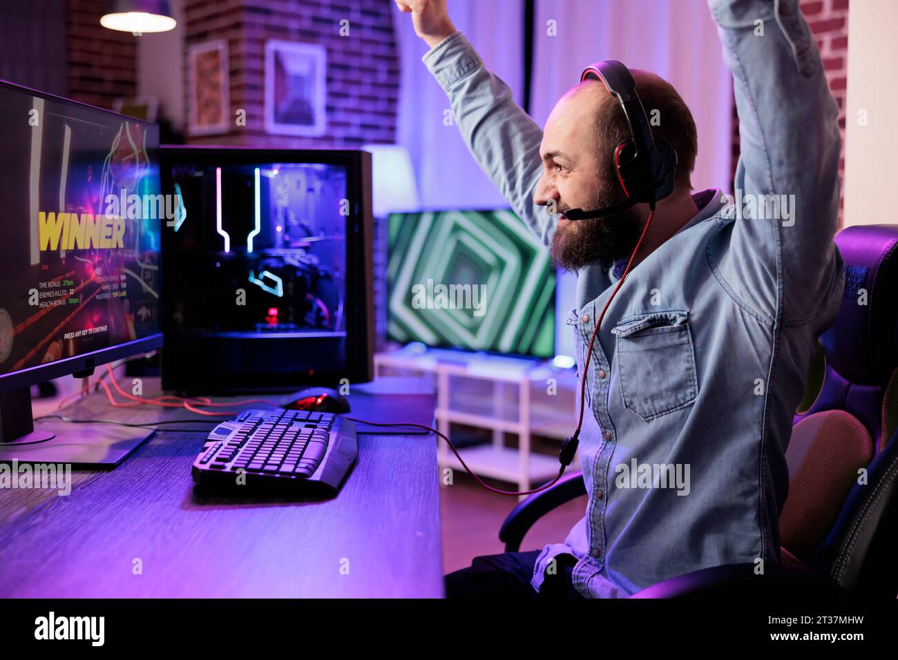 Gamer Winning Intense Singleplayer Spaceship Arcade Racing Videogame On Capable Gaming Computer