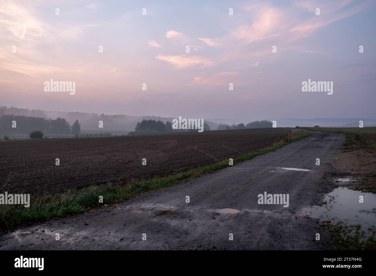 foggy sunset landscape, red clouds over plowed field Stock Photo - Alamy